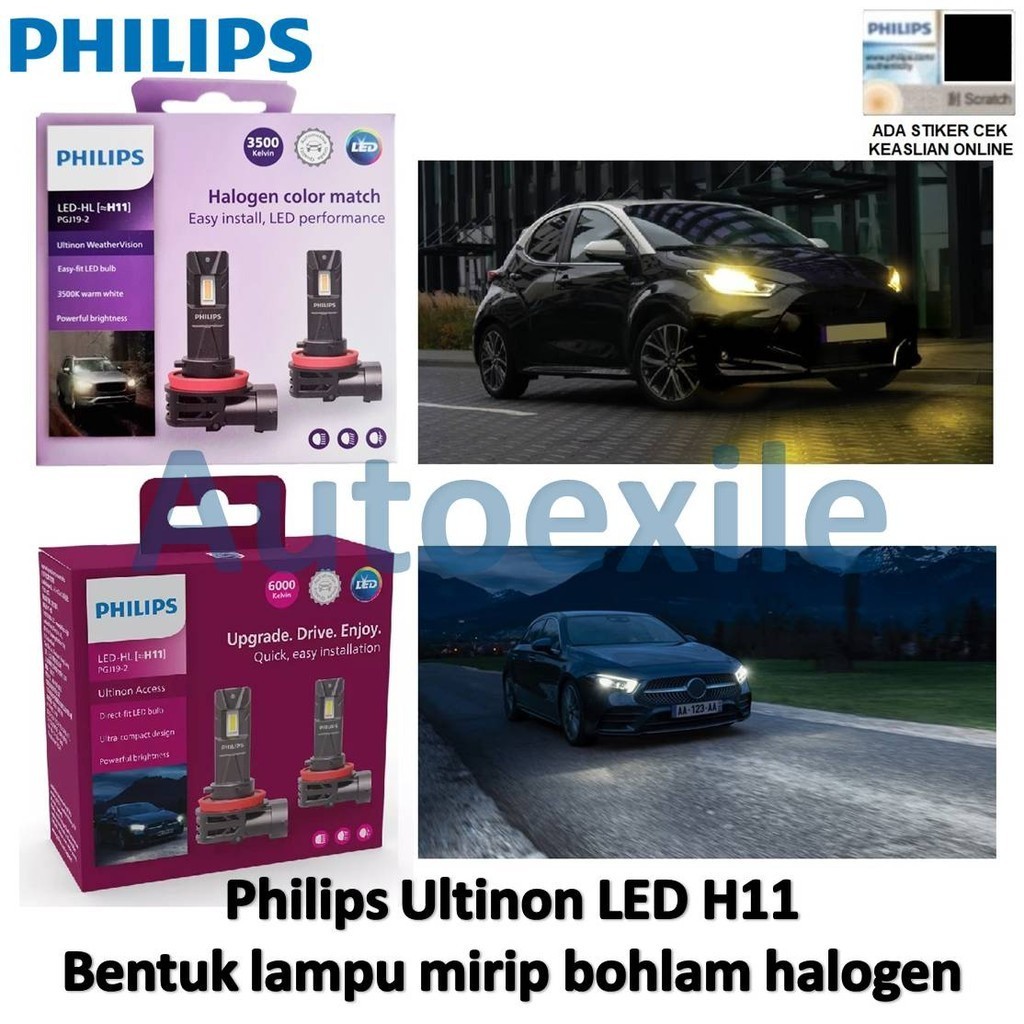 Jual Philips Ultinon LED H11 Access 6000K Putih / Weather Vision 3500K Kuning Standard Ukuran ...