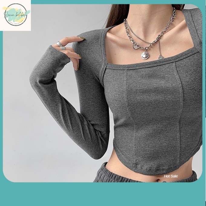 Jual Baju Crop Wanita Terbaru / 【MISSHONEY】Square Neck Long Sleeve Crop ...