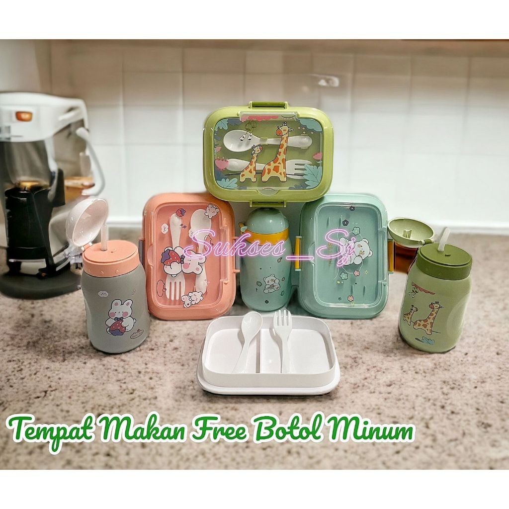 Jual (SR) LUNCH BOX SET ANAK KOTAK MAKAN BOTOL MINUM FREE SENDOK & GARPU | Shopee Indonesia