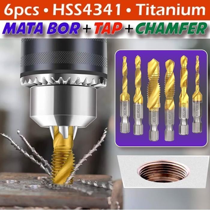 Jual SET 6 PCS Mata Bor Tap Pembuat Ulir Drat Baut Drill Chamfer Hex ...