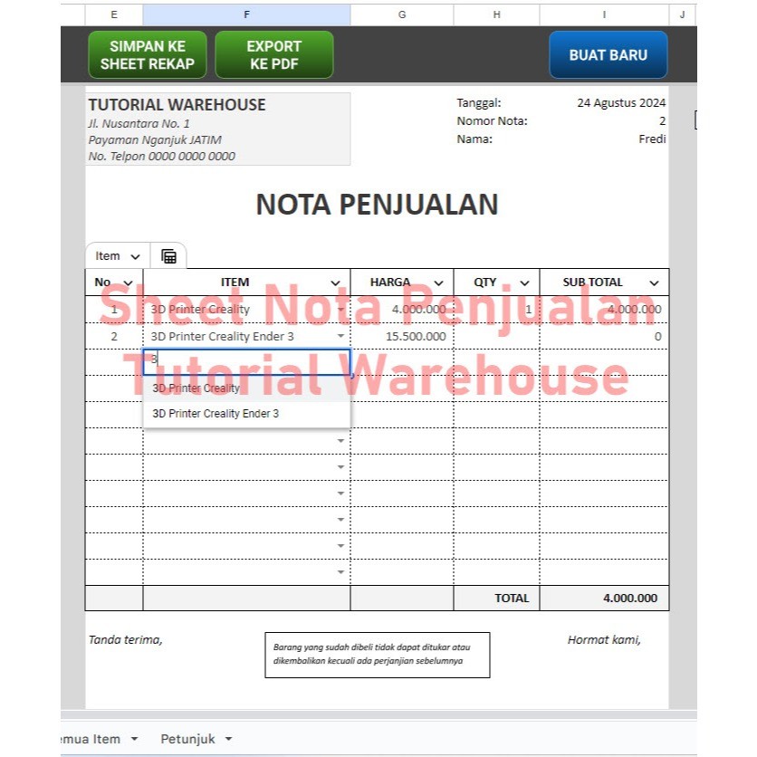 Jual Template GSheets Nota Penjualan Otomatis Simpan ke Sheet Rekap dan ...