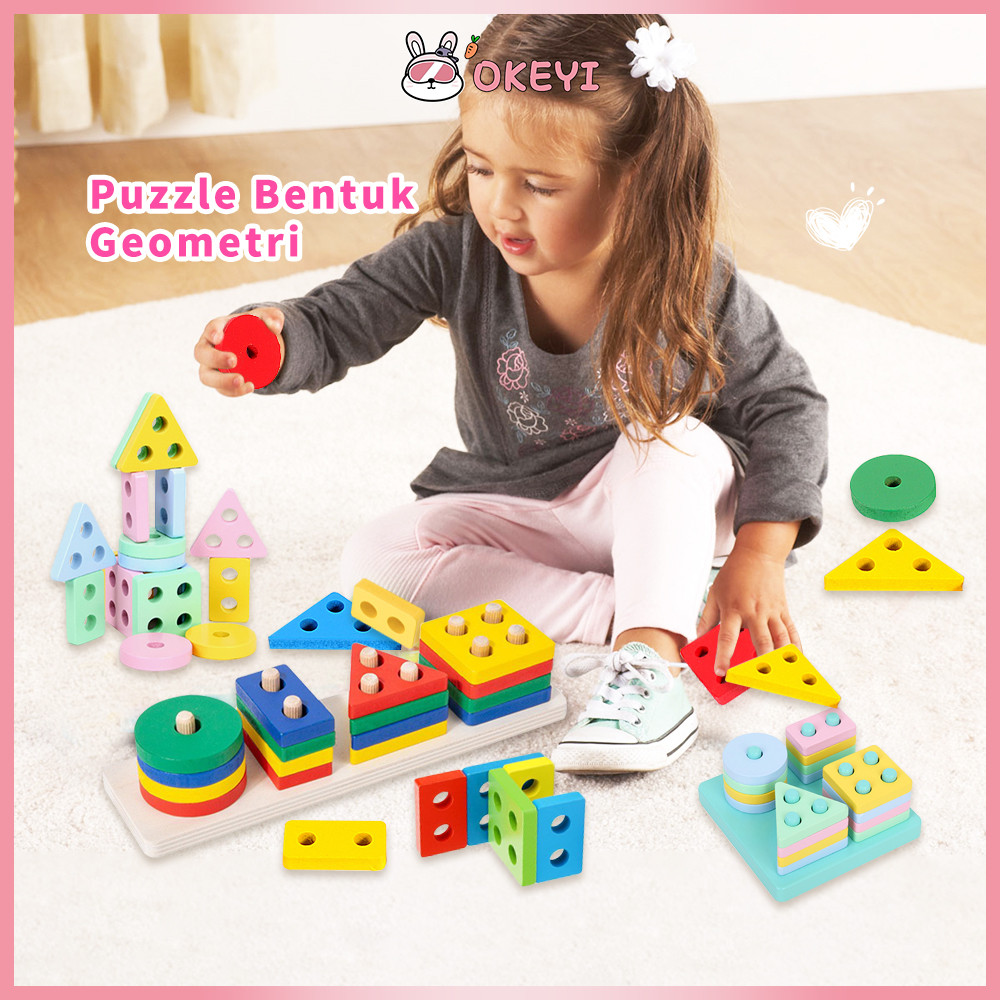 Jual OKEYI Balok kayu susun puzzle tower geometri balok mainan blok ...