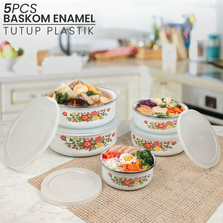 Jual SET 5 pcs Baskom Mixing Bowl Enamel motif Bunga Cantik Tutup Tebal ...