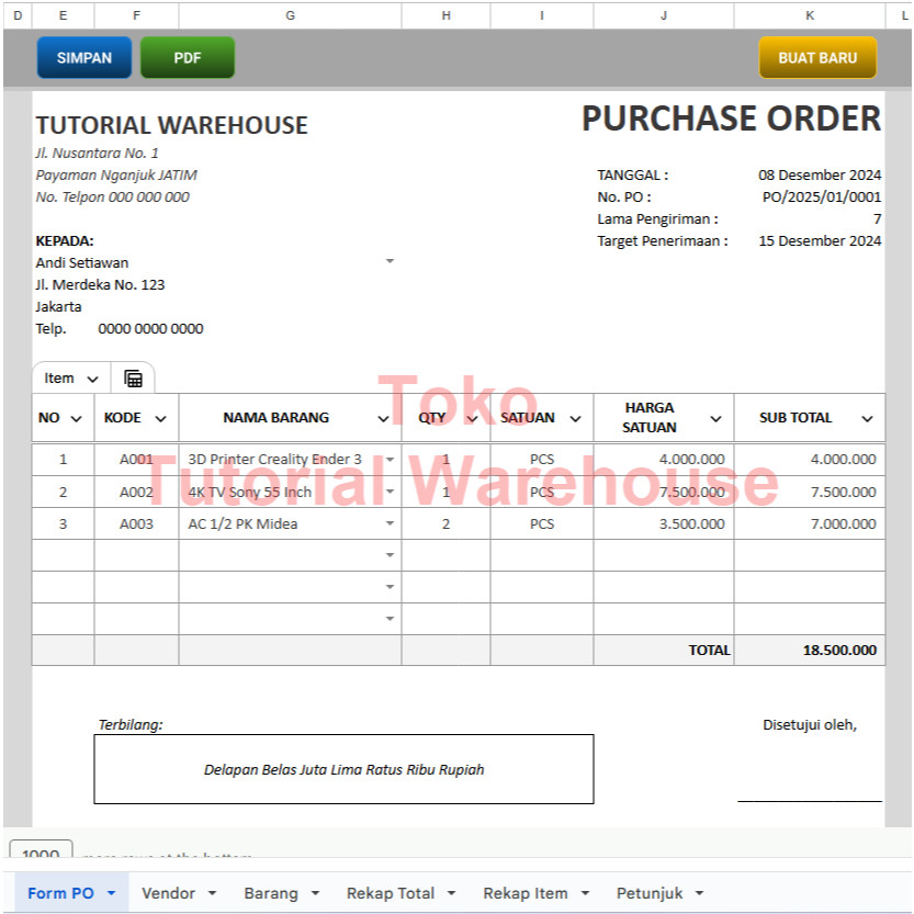Jual Template GSheets Purchase Order (PO) Otomatis Simpan ke Arsip ...