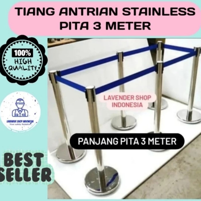 Jual tiang antrian stainless / tiang pembatas antrian pita 3 meter ...
