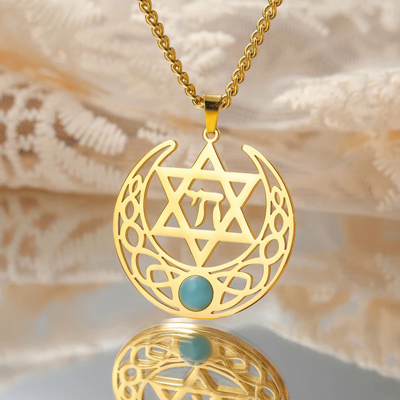 Jual Dawapara Jewish Star of David Necklace Crescent Moon Chai Symbol ...