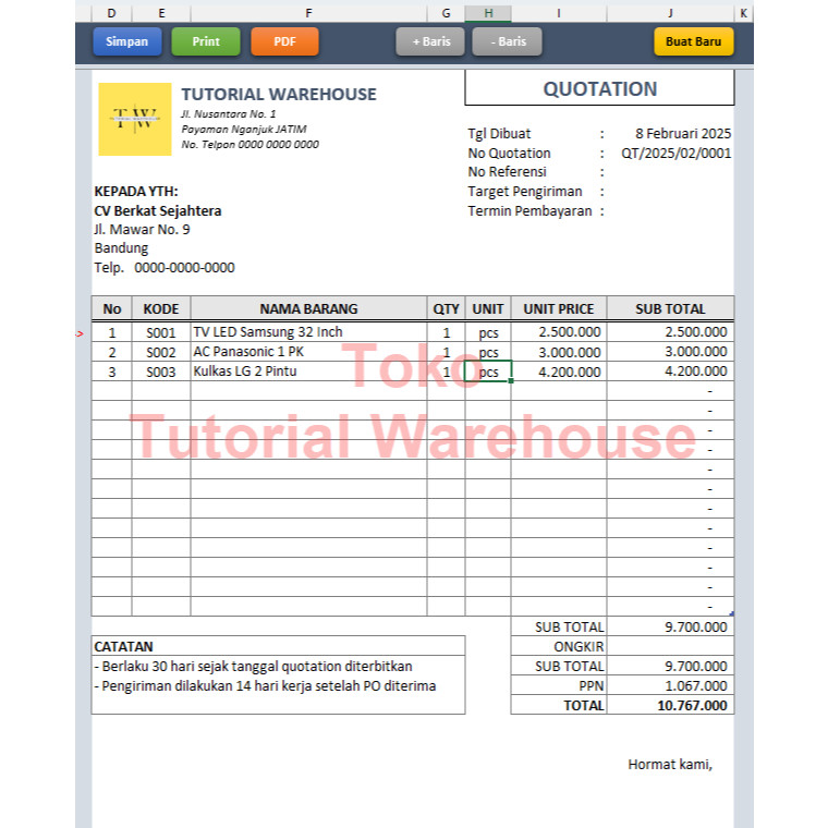 Jual Template Excel Quotation Otomatis Simpan ke Sheet Rekap, Print ...