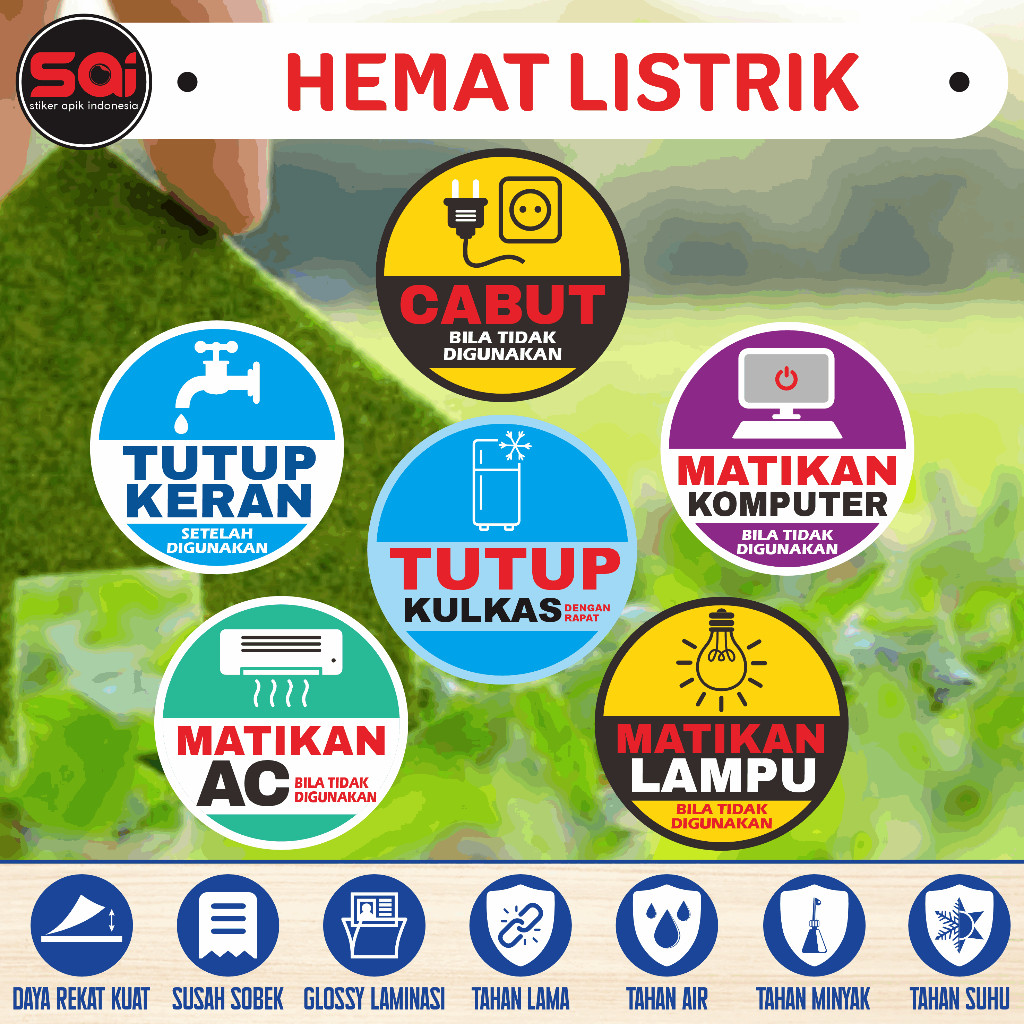 Jual stiker vinyl anti air waterproof MATIKAN LAMPU, TUTUP KERAN, MATIKAN AC, MATIKAN KOMPUTER ...