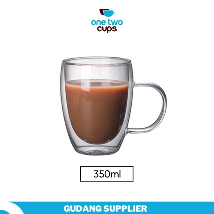 Jual One Two Cups Gelas Cangkir Kopi Anti Panas Double-Wall Borosilicate Glass Round 350ml ...