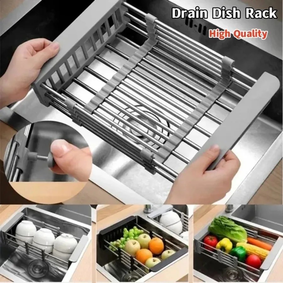 Jual Adjustable Dish Drainers Stainless Steel Sink Drain Racks Fruit ...