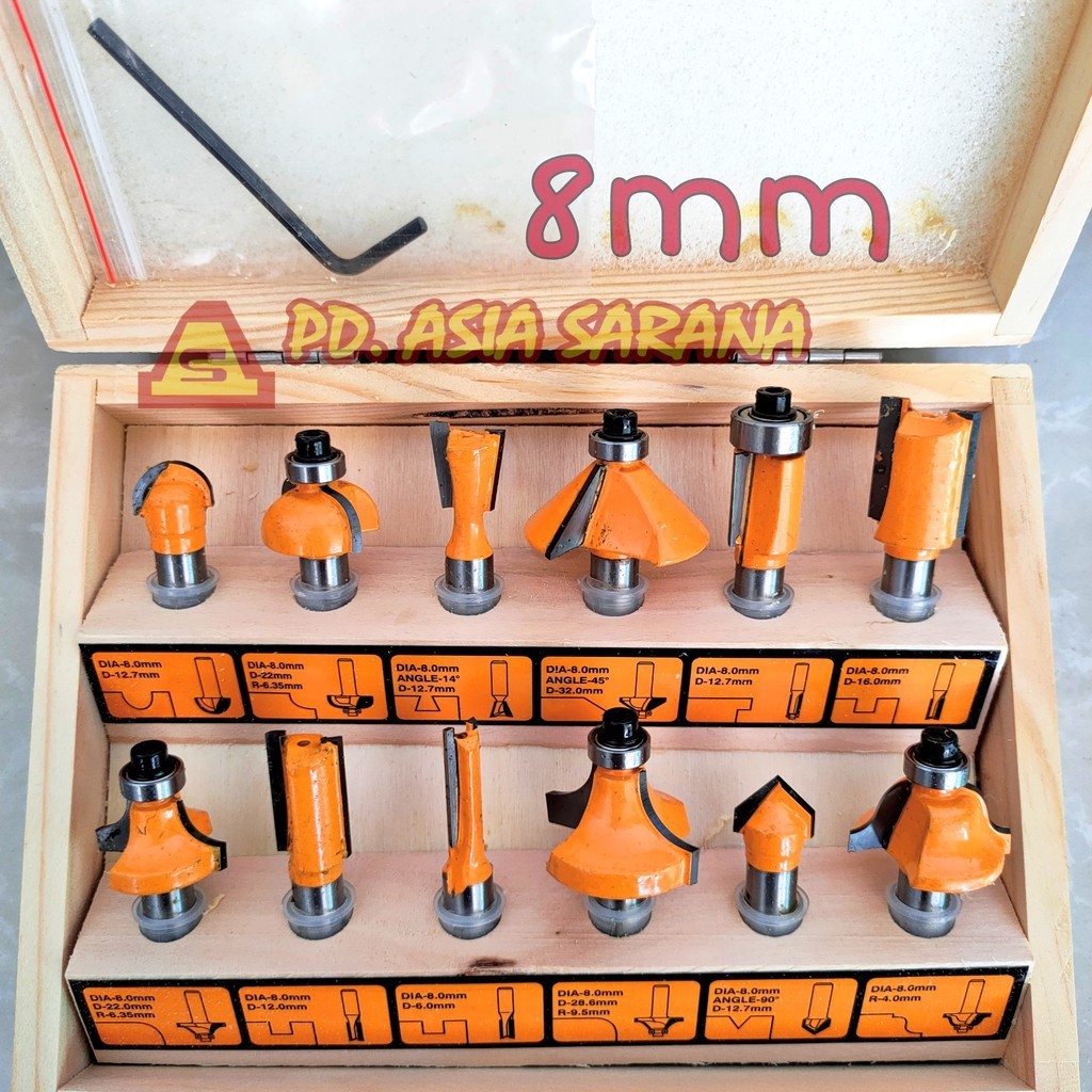 Jual Router Bit 8mm Set 12pcs INGCO AKRT1211 Mata Mesin Profil Kayu ...