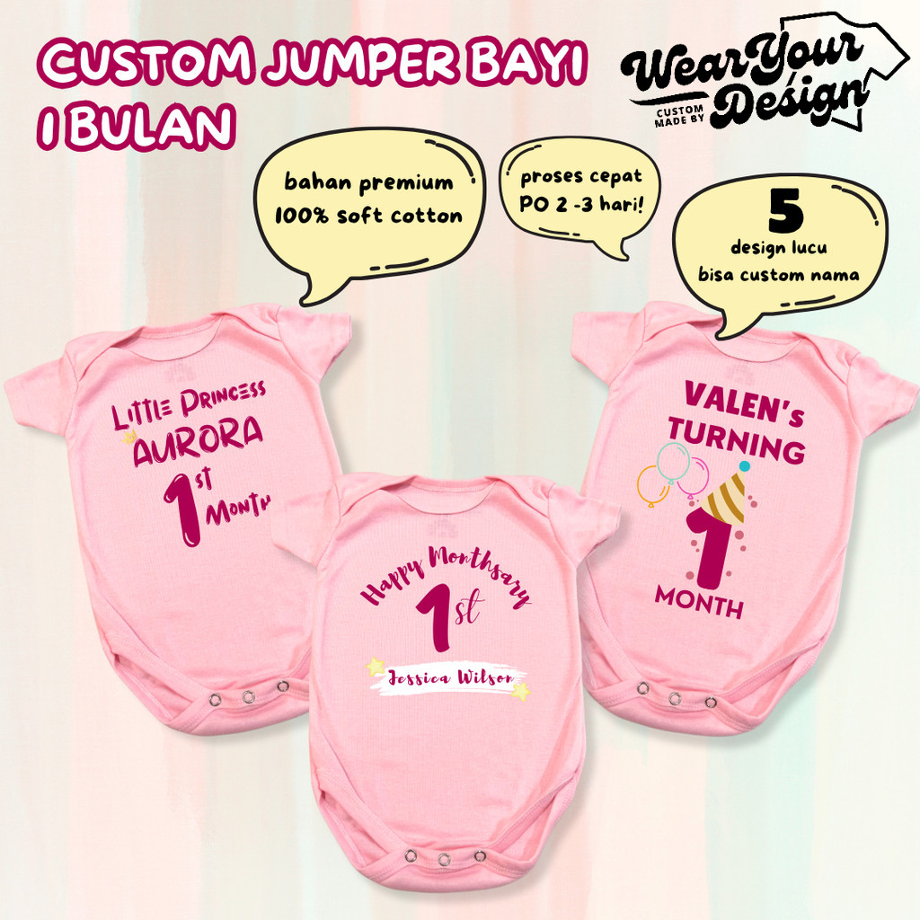 Jual CUSTOM BAJU BAYI 1 BULAN PINK HAPPY ONE MONTH GRATIS CUSTOM NAMA ...