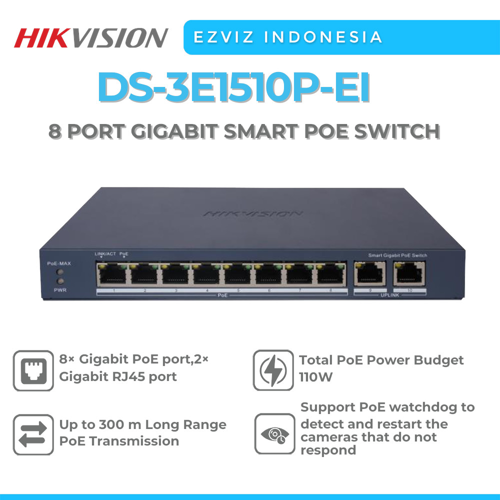 Jual HIKVISION DS-3E1510P-EI 8 PORT GIGABIT SMART 110W POE SWITCH RESMI | Shopee Indonesia