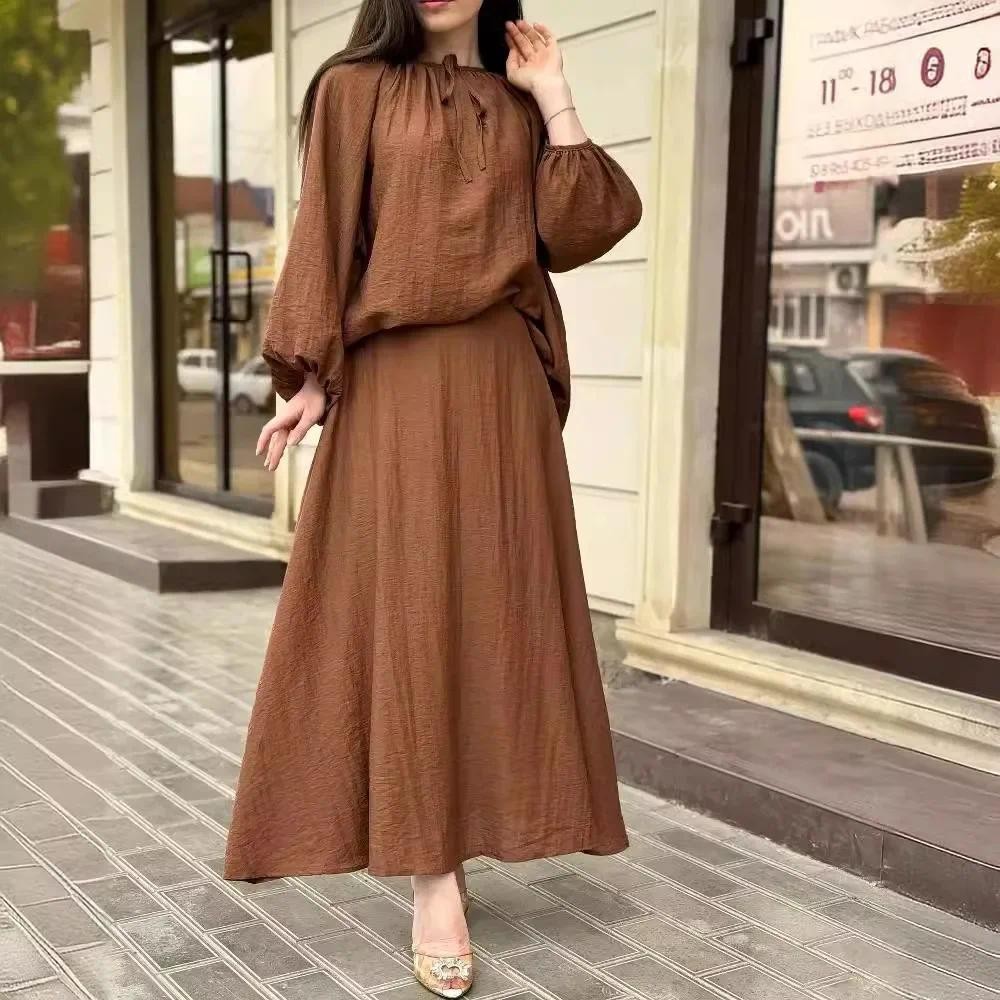 Jual 2 Piece Set Women Muslim Tops Skirt Suit Lace Up Ramadan Morocco ...