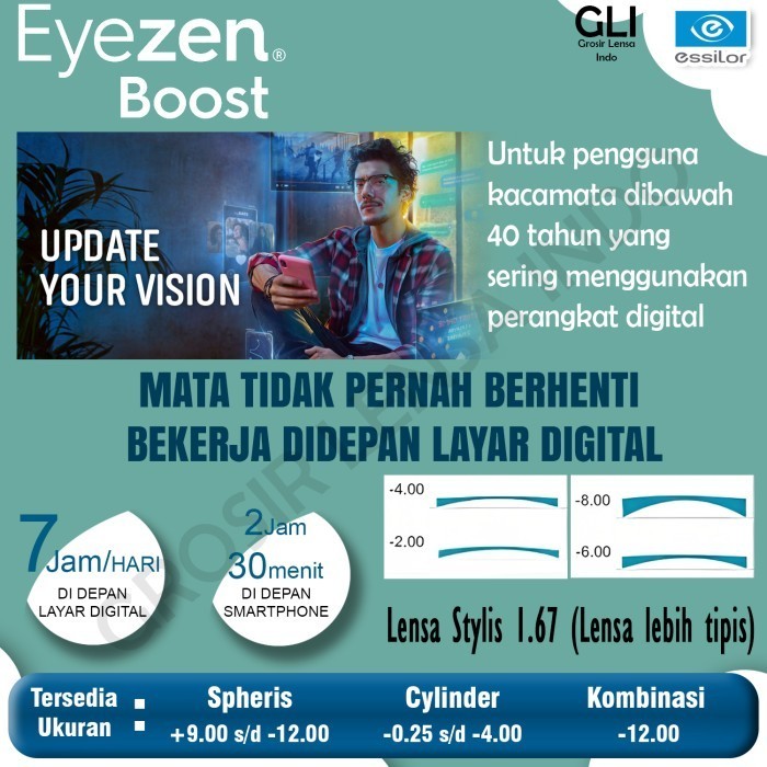 Jual Lensa Kacamata Essilor Eyezen BOOST Stylis 1.67 Plus/Pro/Max ...