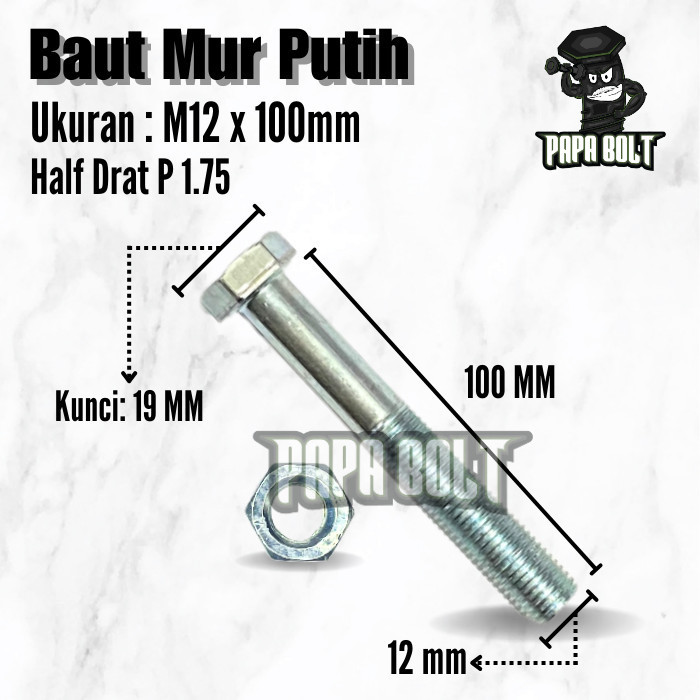 Jual Baut Mur Hexagon Galvanis Putih BMP Hex M12x100 / 12x100 12mm Kunci 19 | Shopee Indonesia