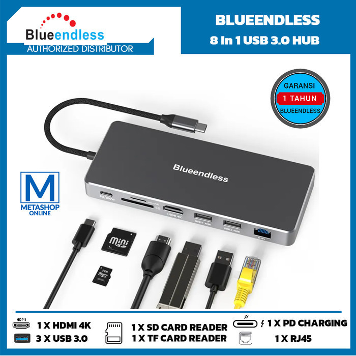 Jual BLUEENDLESS 8 in 1 USB 3.0 Type C HUB HDMI 4K PD SD TF CARD RJ45 ...