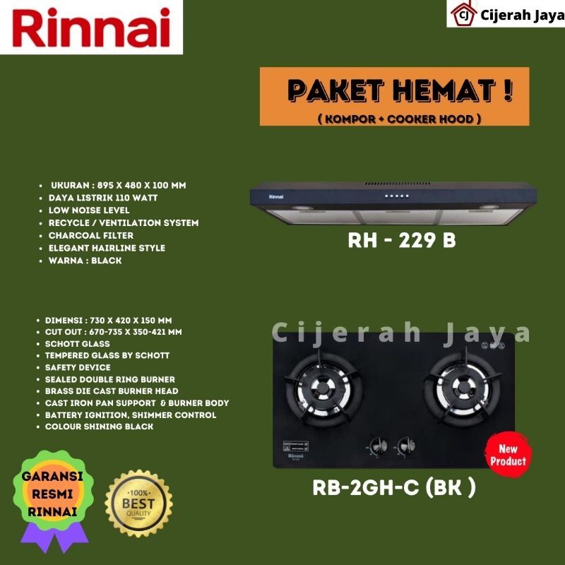 Jual RINNAI PAKET KOMPOR TANAM GAS 2 TUNGKU RB2GHC + COOKER HOOD RH229B / BUILT-IN HOB RINNAI RB ...
