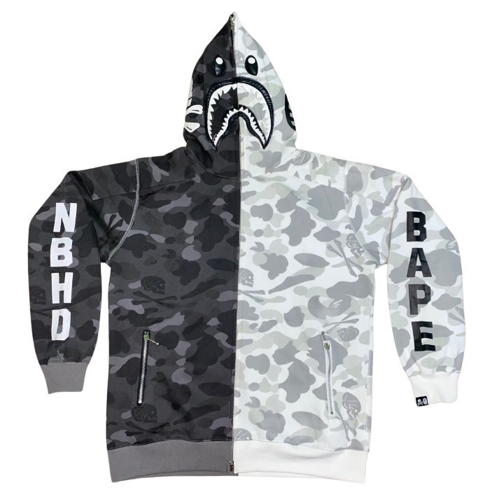 Jual Bape Shark x Neighborhood NBHD Split Camo Black White Full Zip ...
