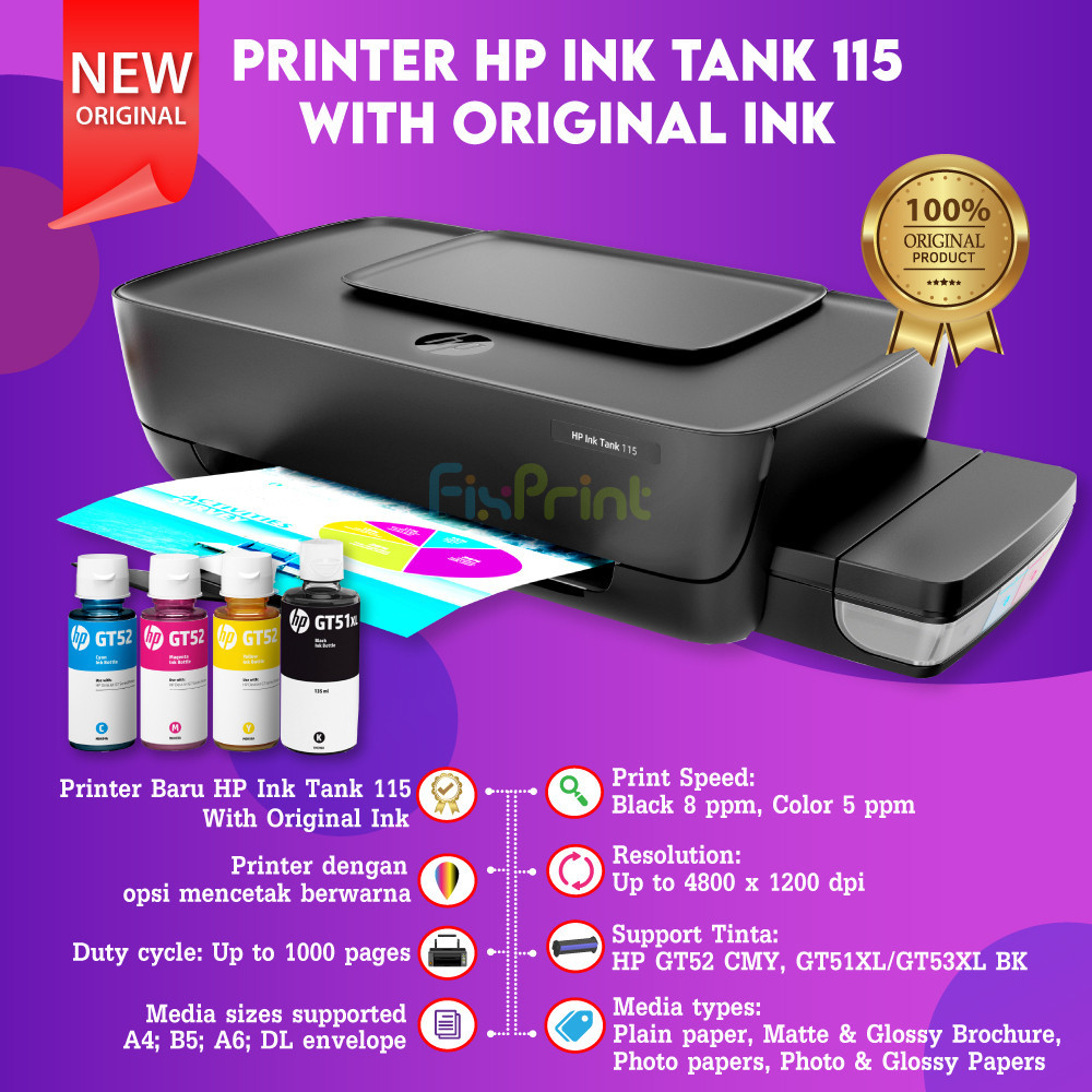 Jual Printer Ink Tank HP 115 Infus With Tinta GT51 / GT53 Garansi Resmi ...