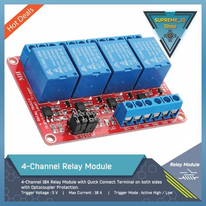 Jual 4-Channel Relay Module Optocoupler + Adjustable Hi/Lo Trigger | 5v ...