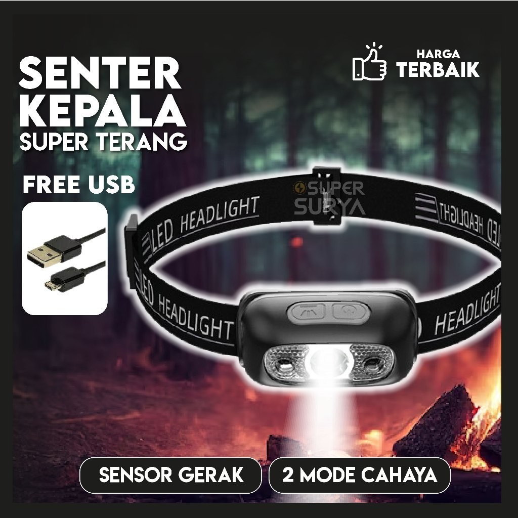 Jual Senter Kepala Sensor Gerak Tangan 10 cm Cas USB Waterproof IPX4 ...