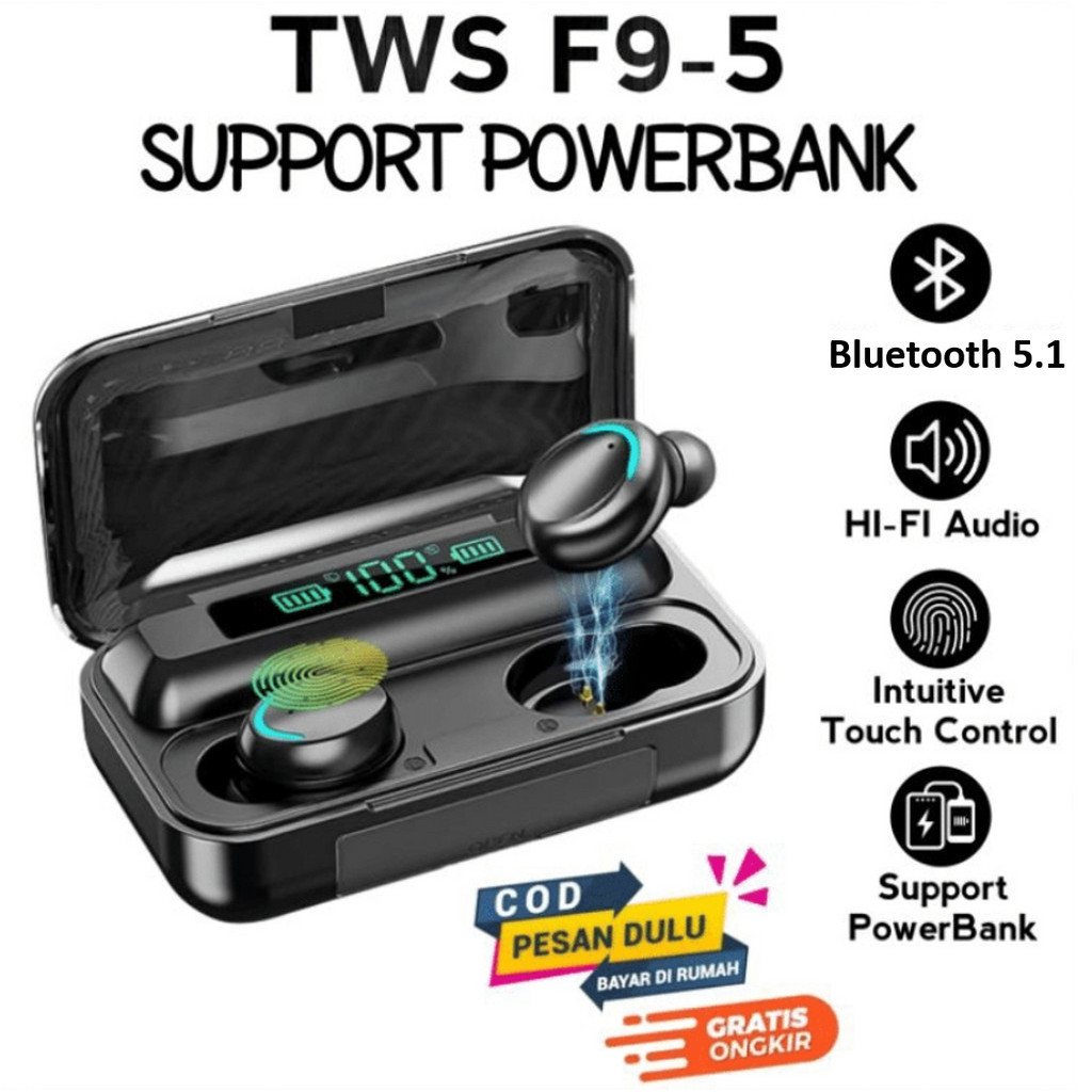 Jual EARPHONE F9-5 TWS HEADSET BLUETOOTH GAMING NIRKABEL POWERBANK INCLUDED | Shopee Indonesia