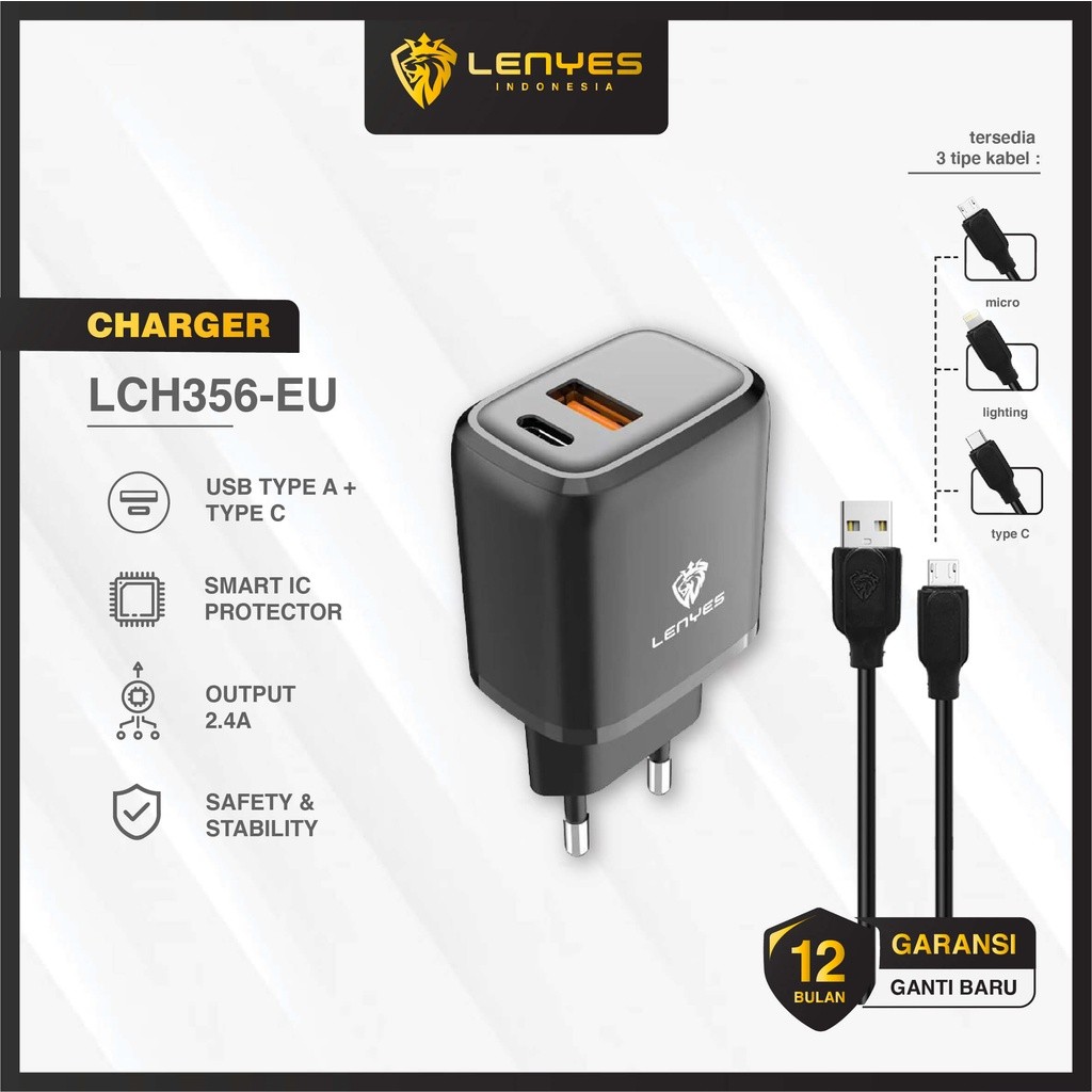Jual LENYES LCH356EU 2.4A USB + Type C Adaptor Charger Hp + Kabel Casan ...