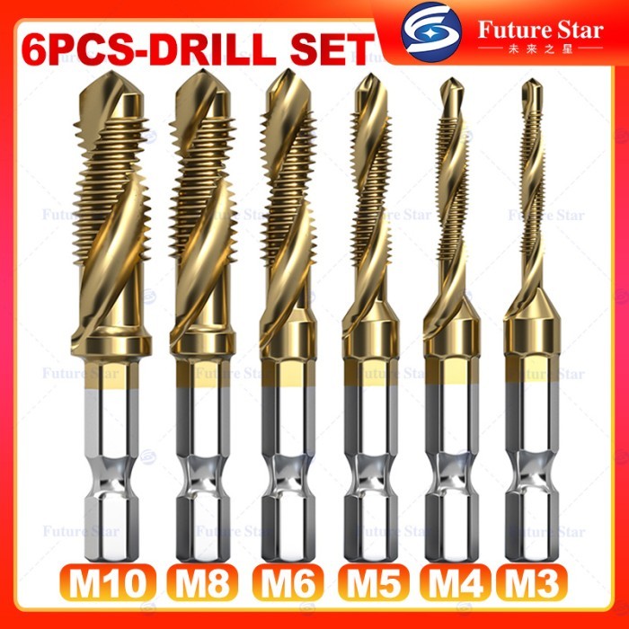 Jual Mata Bor Pembuat Ulir 6PCS Titanium Combination Drill and Tap Bit ...