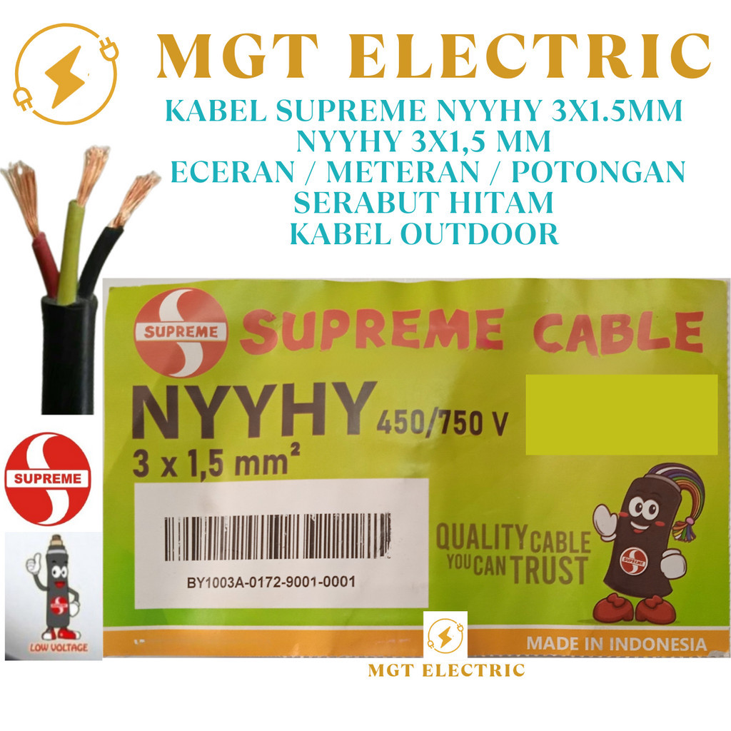 Jual KABEL SUPREME NYYHY 3X1.5MM SERABUT HITAM 3X1,5 MM ECERAN / POTONGAN | Shopee Indonesia