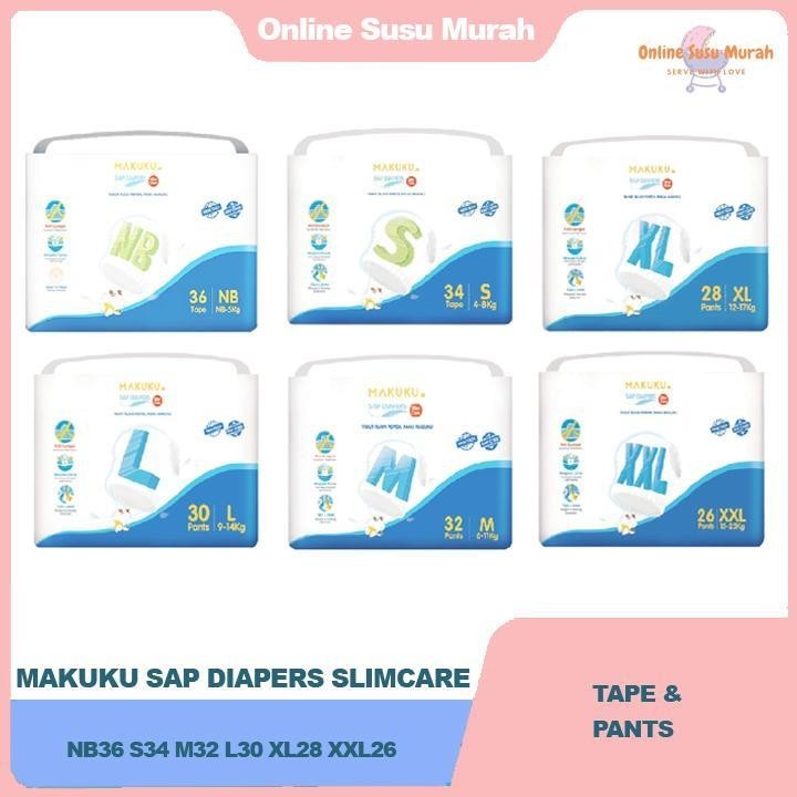 Jual MAKUKU SAP DIAPERS SLIM CARE TAPE NB36 S34 PANTS M32 L30 XL28 XXL26 SLIMCARE NB 36 S 34 M ...