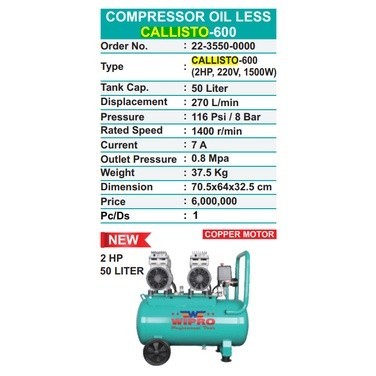 Jual Oilless Compressor WIPRO 2HP Callisto 600 Kompresor Tanpa Oli ...