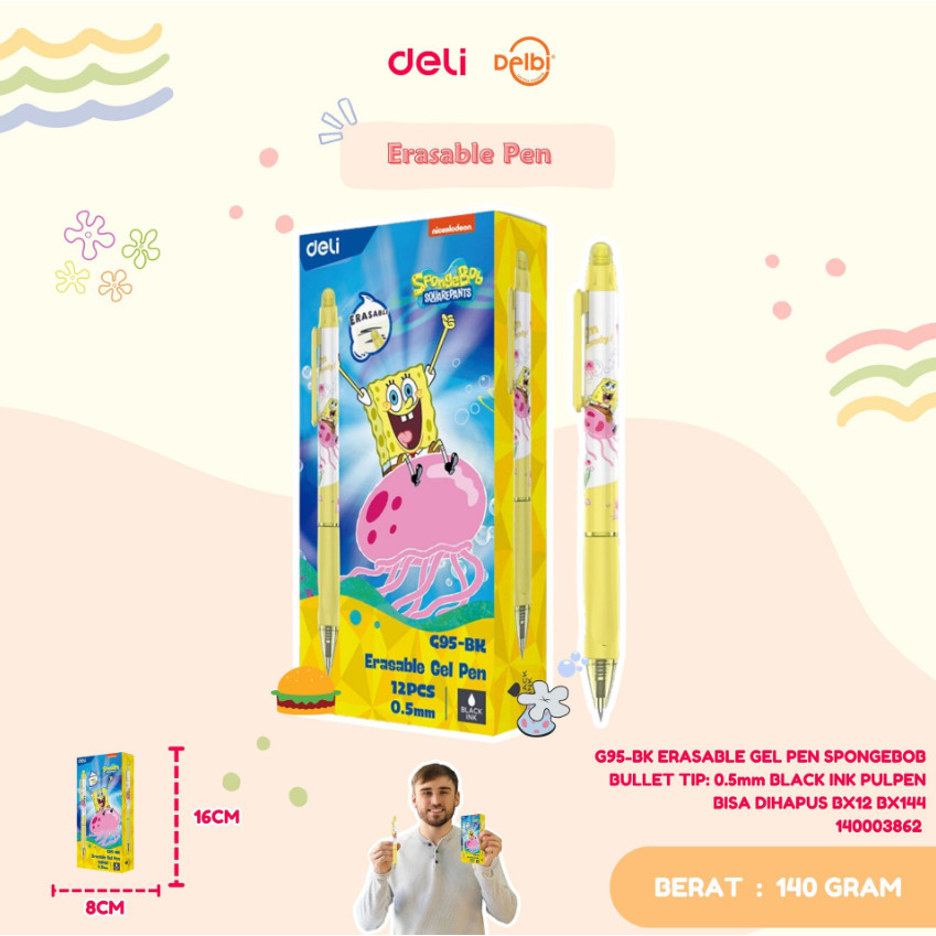 Jual DELI G95-BK & G95-BL ERASABLE GEL PEN SPONGEBOB BULLET TIP: 0.5mm ...