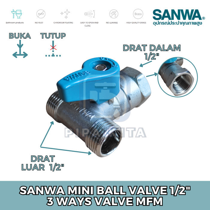 Jual Mini Ball Valve 3 WAY MFM 1/2 Inch SANWA Kuningan Stop Kran 2 Cabang | Shopee Indonesia