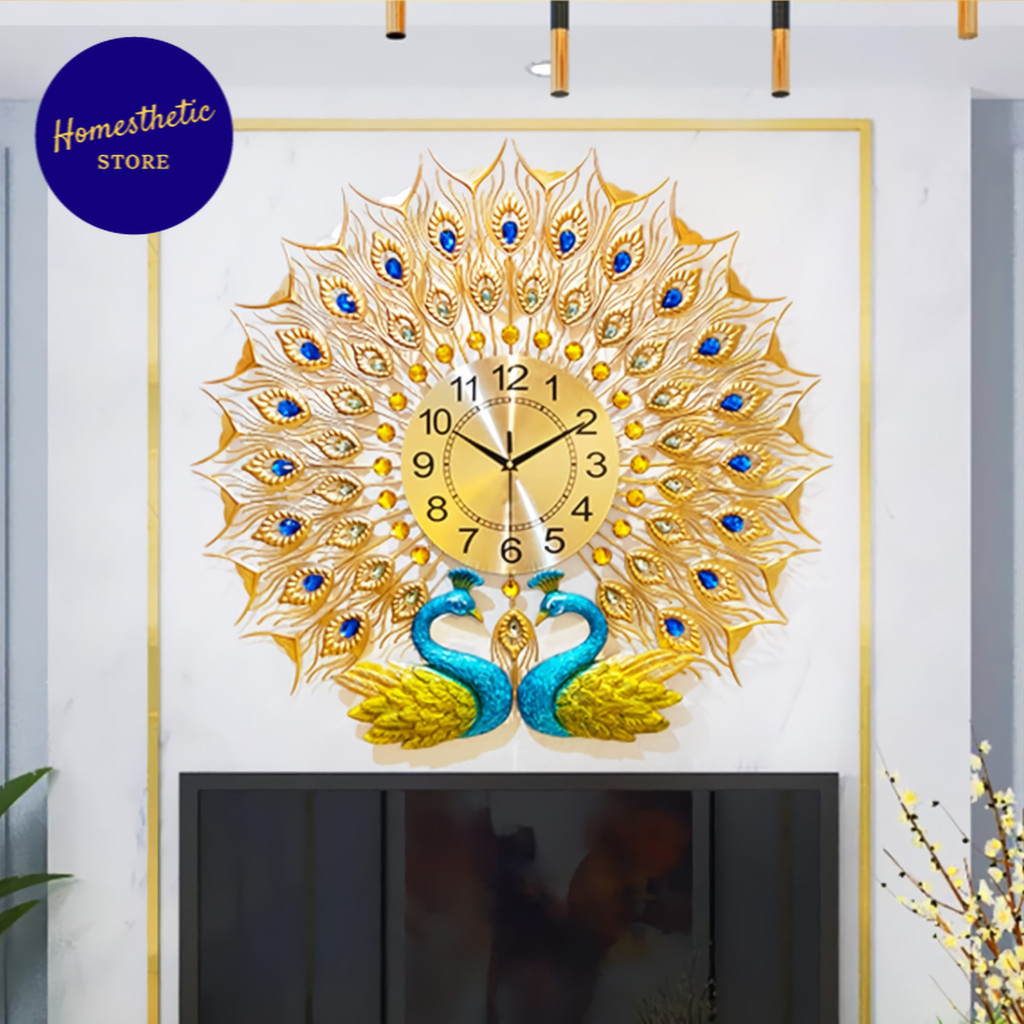 Jual Jam Dinding Mewah Super Elegant Gold Quartz Iron Luxury Peacock 3D ...