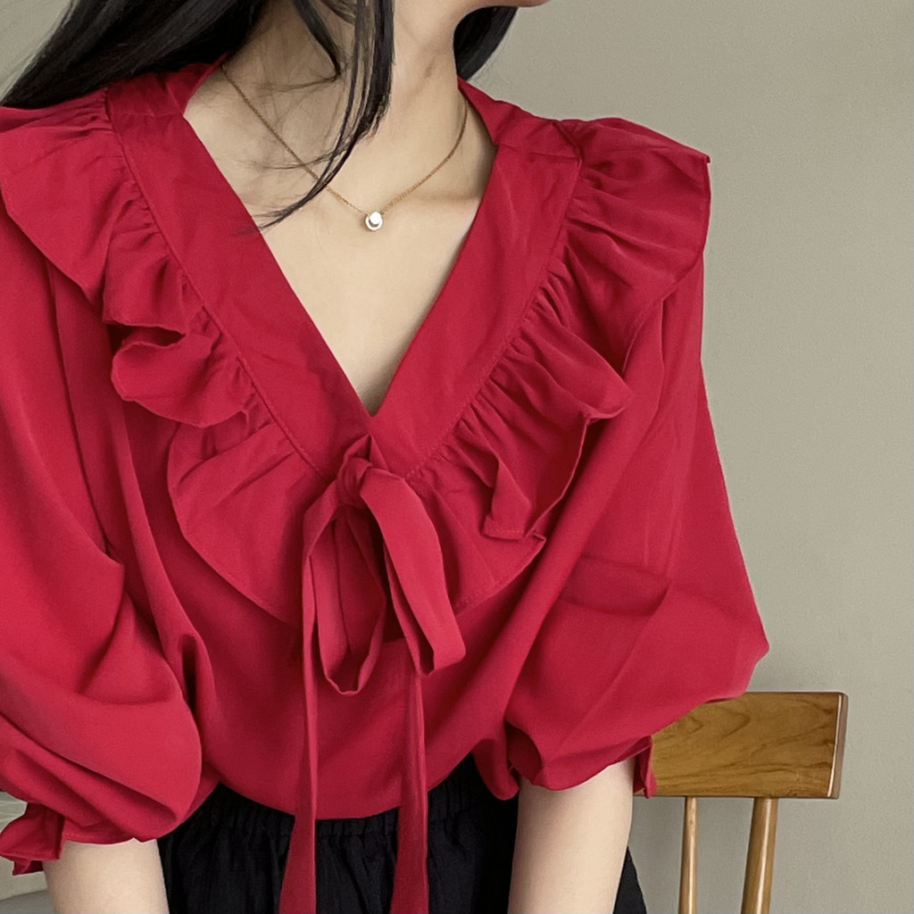 Jual SALICE.JO- MARE RUFFLE BLOUSE | Blouse Merah Baju Imlek Sincia ...