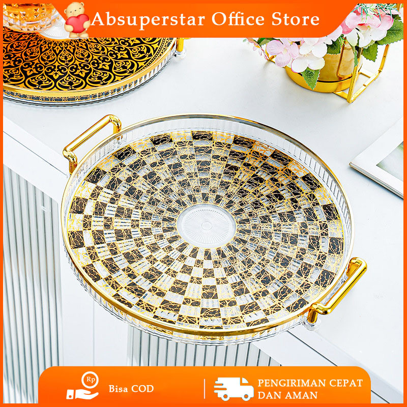 Jual Nampan Handle Gold Baki Transparan Wadah Buah Snack Bulat ...