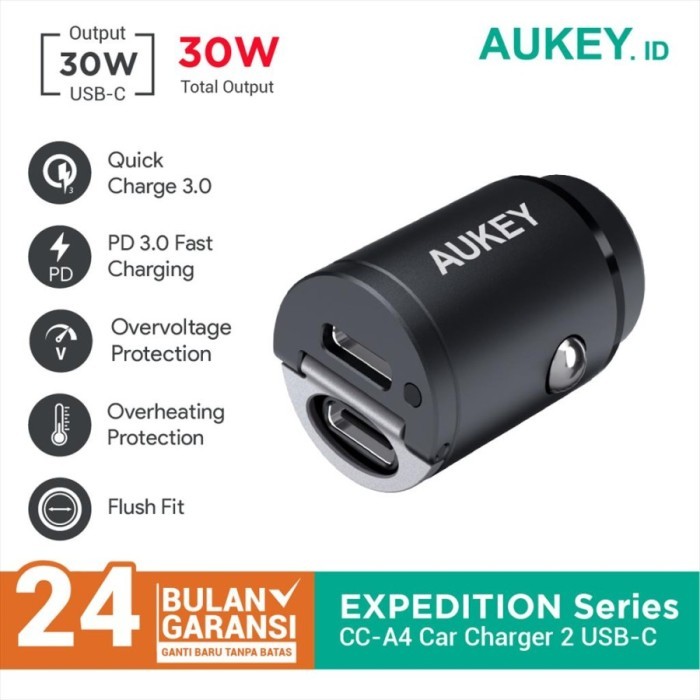 Jual AUKEY CAR CHARGER MOBIL FAST CHARGING 30W DUAL TYPE C PD + QC CC-A4 | Shopee Indonesia