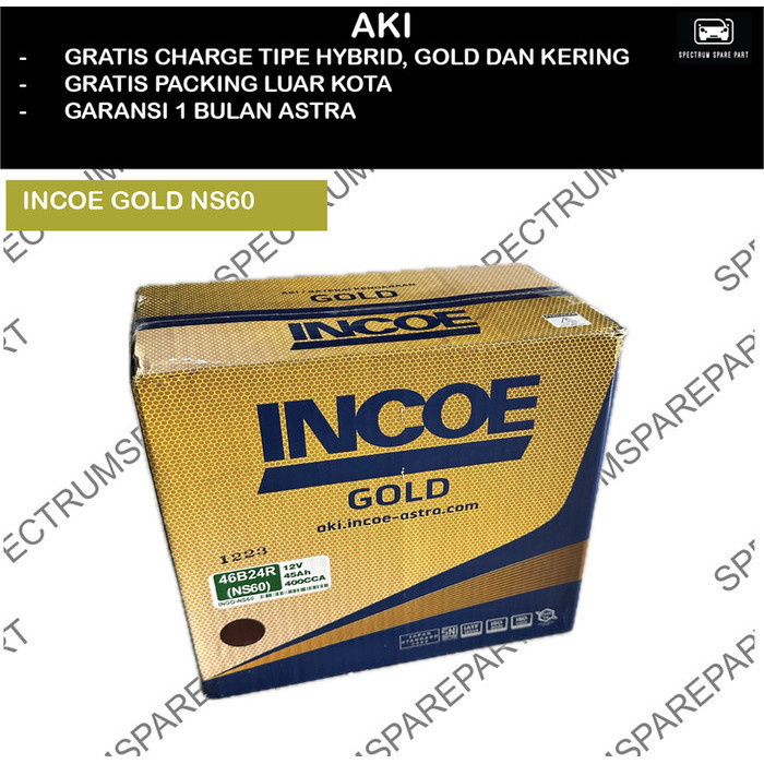 Jual Aki Mobil INCOE GOLD NS60 (46B24R) Basah 12V 45Ah Neple Kecil – Original Astra untuk Avanza ...