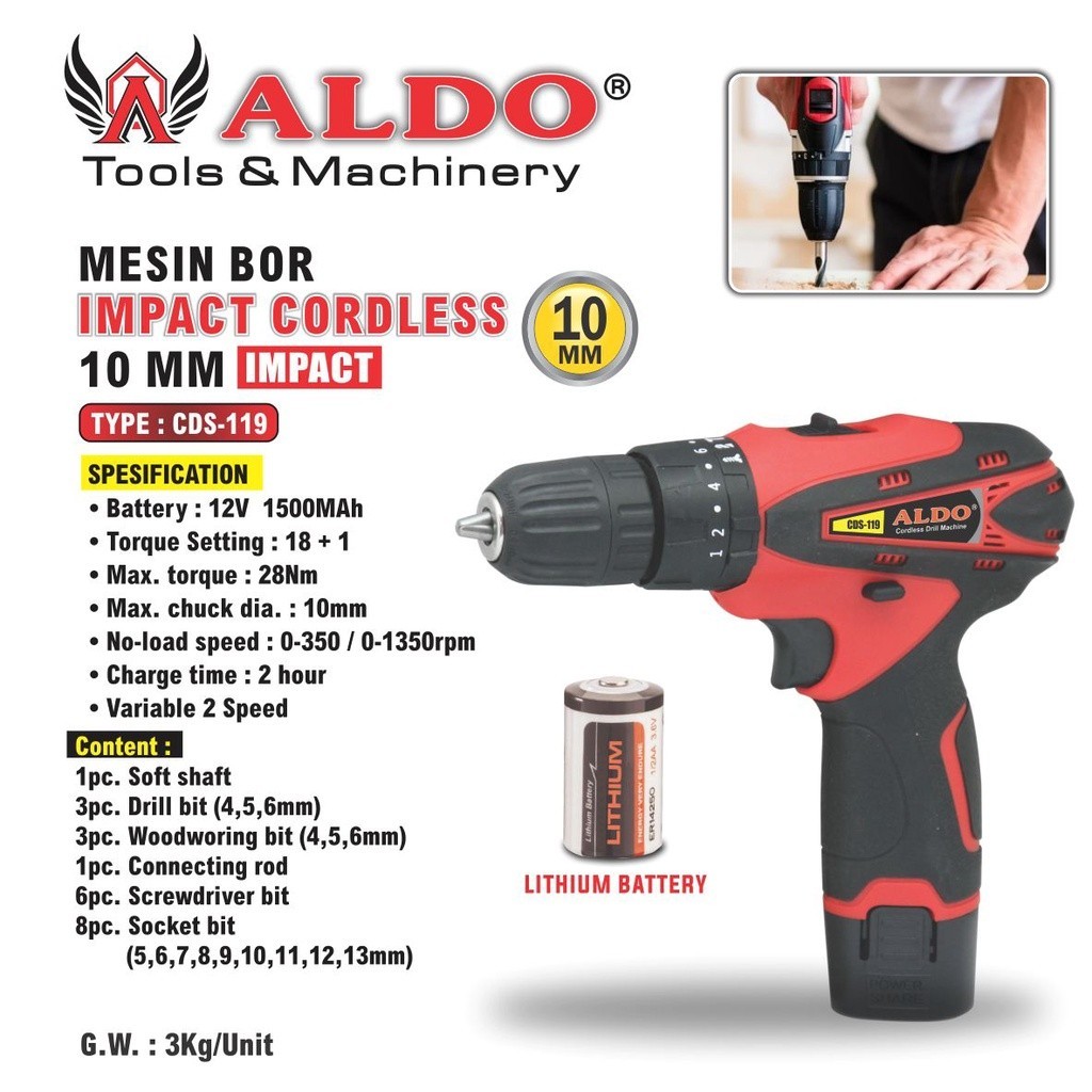 Jual Mesin Impact Bor Cordless Type CDS-119 Merk ALDO CDS119 CASH ...