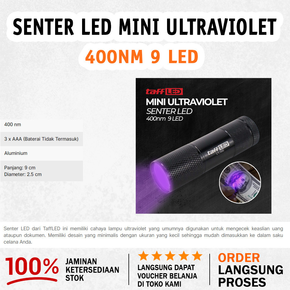 Jual Senter UV Ultraviolet | LED Mini 400nm Wavelength 9 LED 3x AAA ...