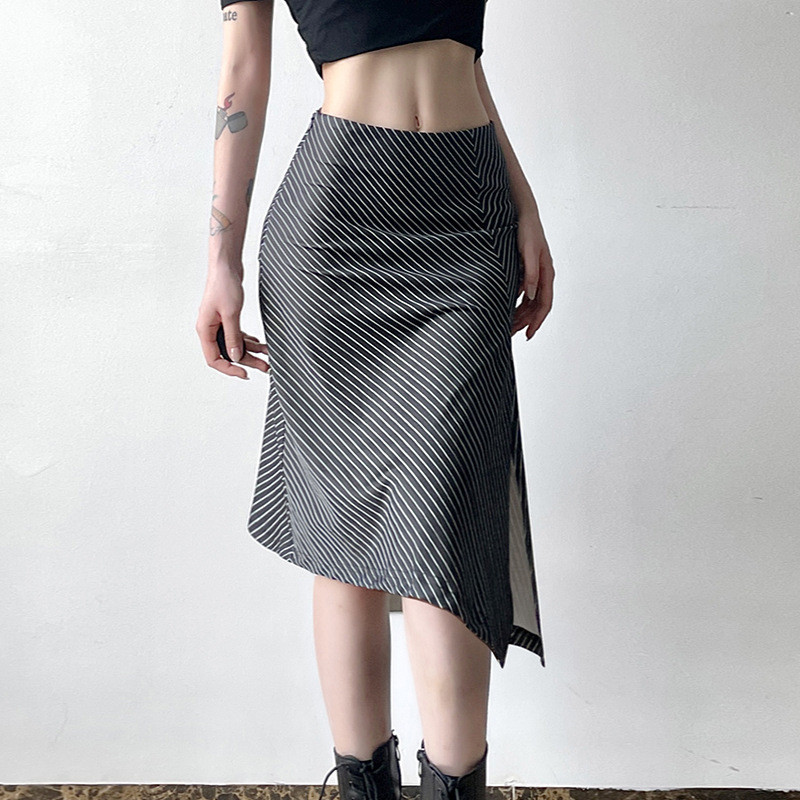 Jual Temperamen gaya komuter sisi tidak beraturan desain rok bergaris ...