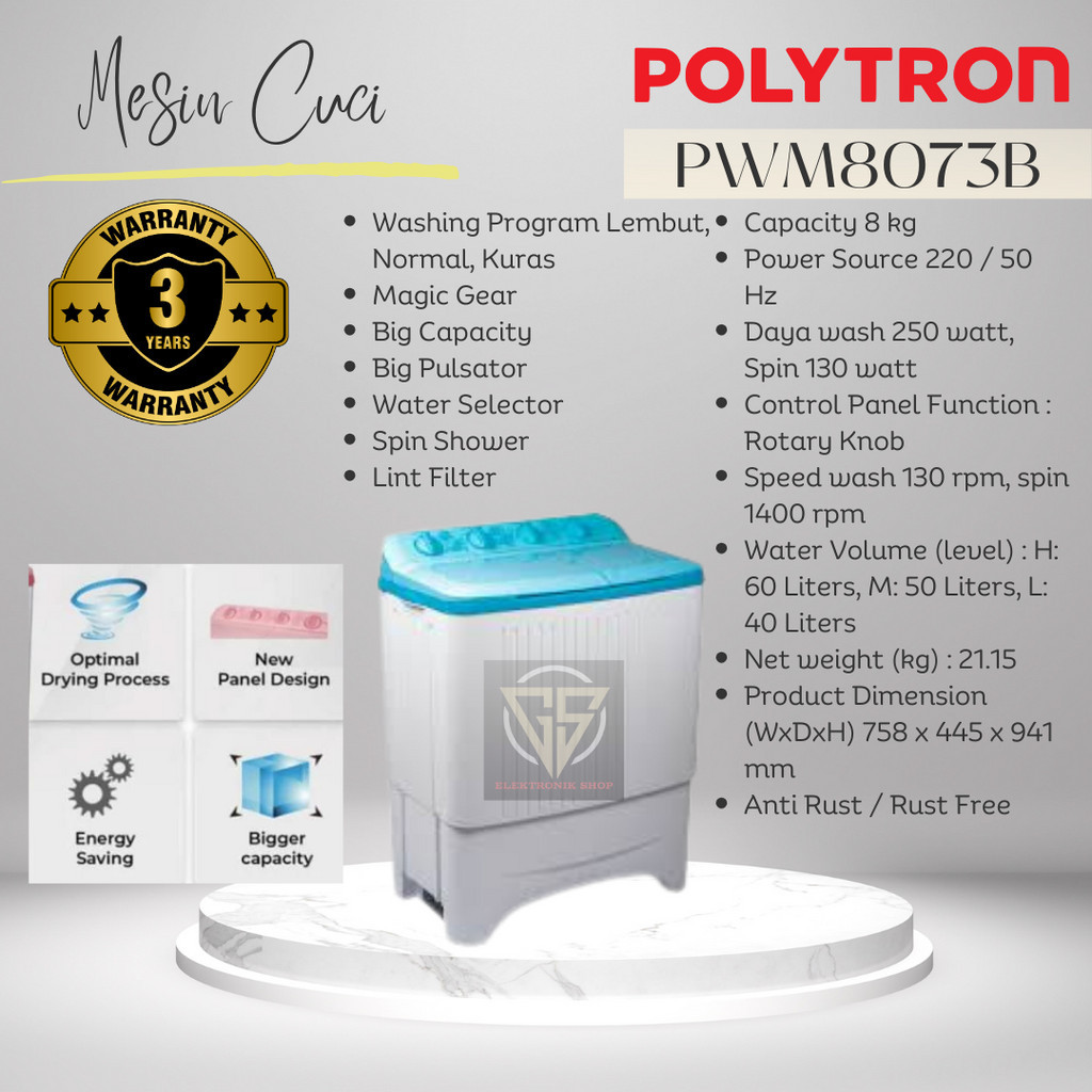 Jual Mesin Cuci 2 Tabung Kapasitas 8 Kg POLYTRON PWM-8073P | Shopee Indonesia