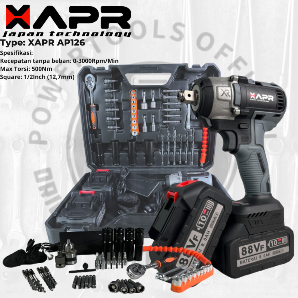 Jual APR JAPAN BOR IMPACT WRENCH XR 500NM 88VF 2 BATERAI AP126 PEMBUKA ...