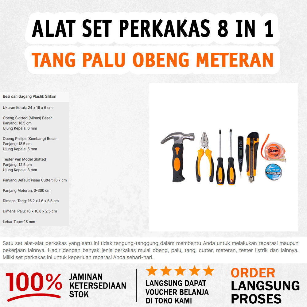 Jual Alat Set Perkakas Tang Palu Obeng Cutter Meteran 8 in 1 | Shopee ...