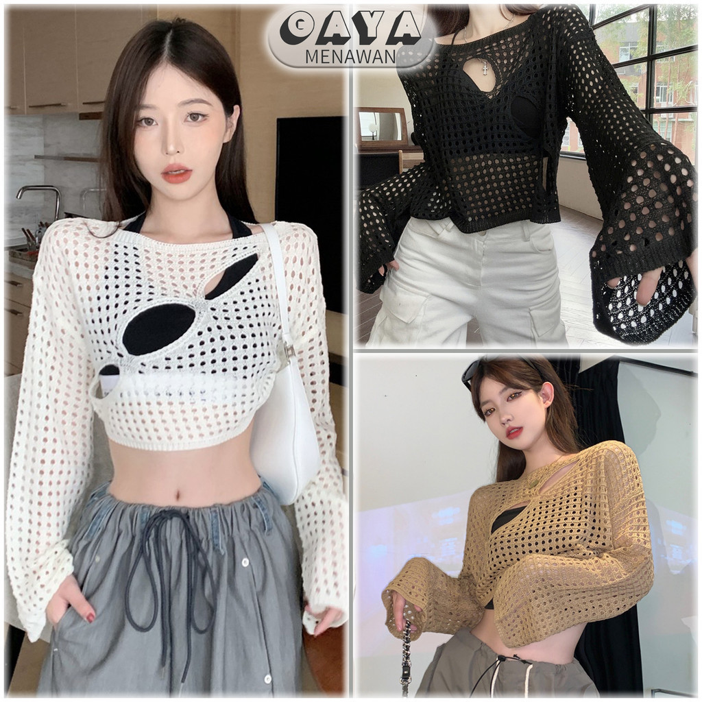 Jual GAYA MENAWAN Korean Style Outer Rajut Atasan Crop Top Jaring Fashion Lengan Panjang Wanita ...