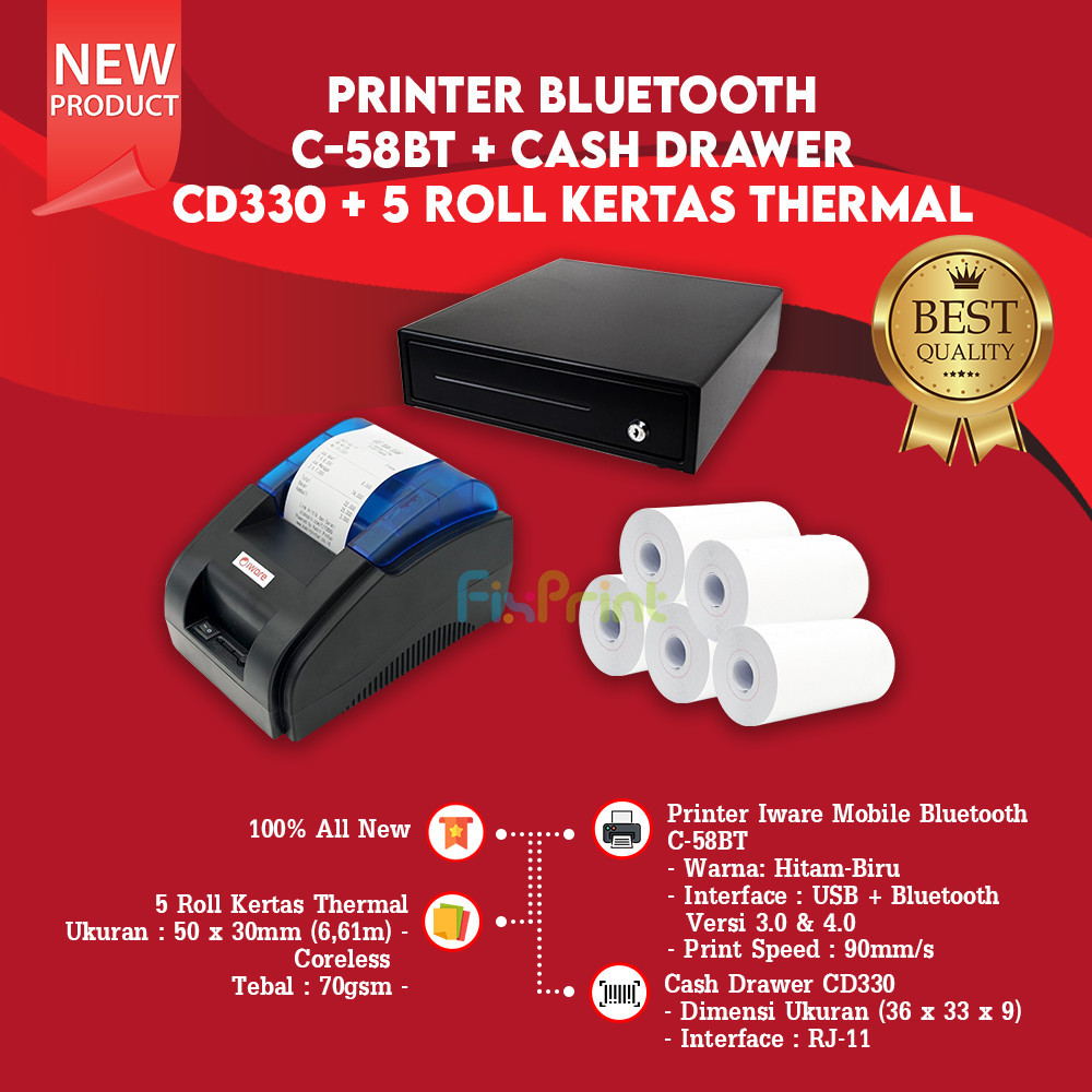 Jual Paket Kasir Printer Iware C-58BT Bluetooth + Cash Drawer D-330 + Kertas Thermal 57mm x 30mm ...
