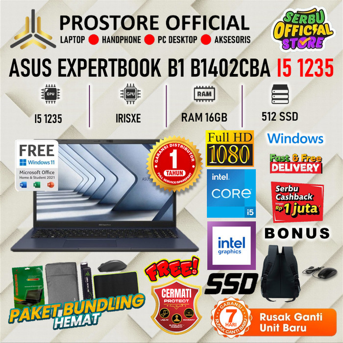 Jual LAPTOP ASUS EXPERTBOOK B1 B1402CBA I5 1235 16GB 1T W11+OHS 14.0FHD ...