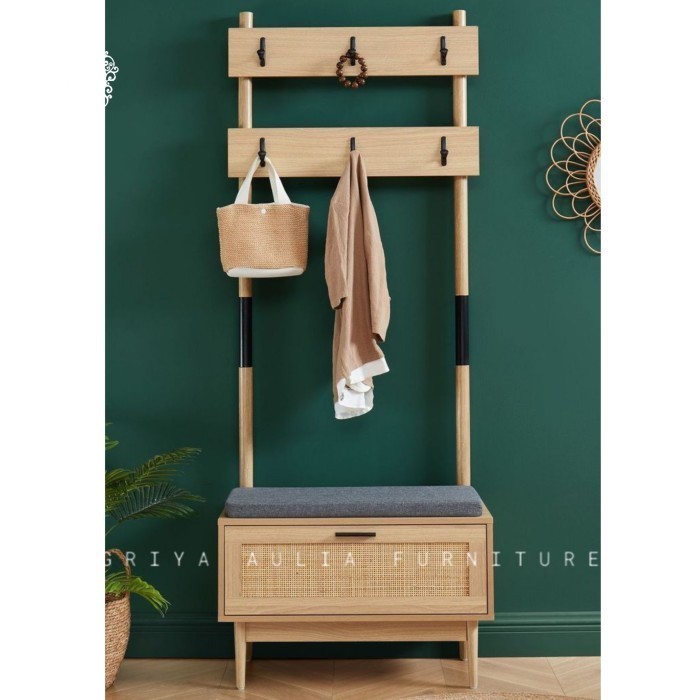 Jual Rak gantungan baju kayu jati kombinasi rotan bench dudukan busa ...