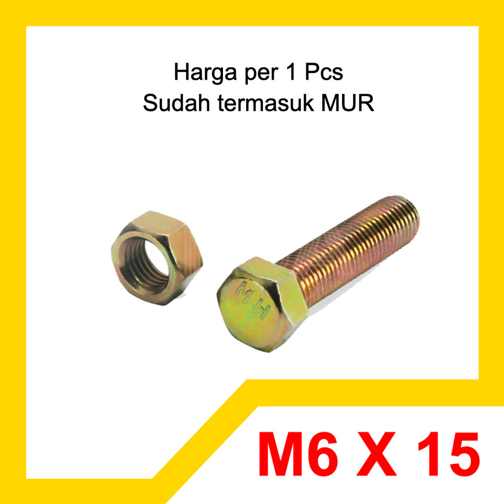 Jual [1 Pcs] Baut Mur Hex Kuning M6 x 15 [ Baut 10 / Kunci 10 ] Panjang 1.5CM | Shopee Indonesia